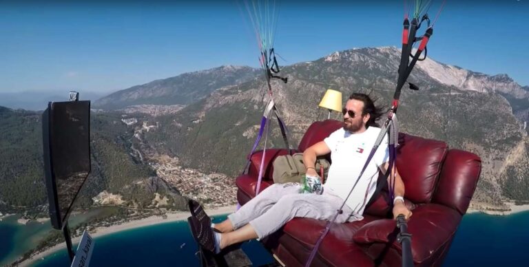 The Flying Couch potato takes his Couch & TV Paragliding! – Kickass Trips
